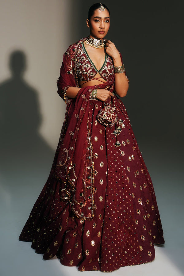 Rent Mahima Mahajan Sindoori Red Banarasi Silk Chanderi Lehenga Set ...