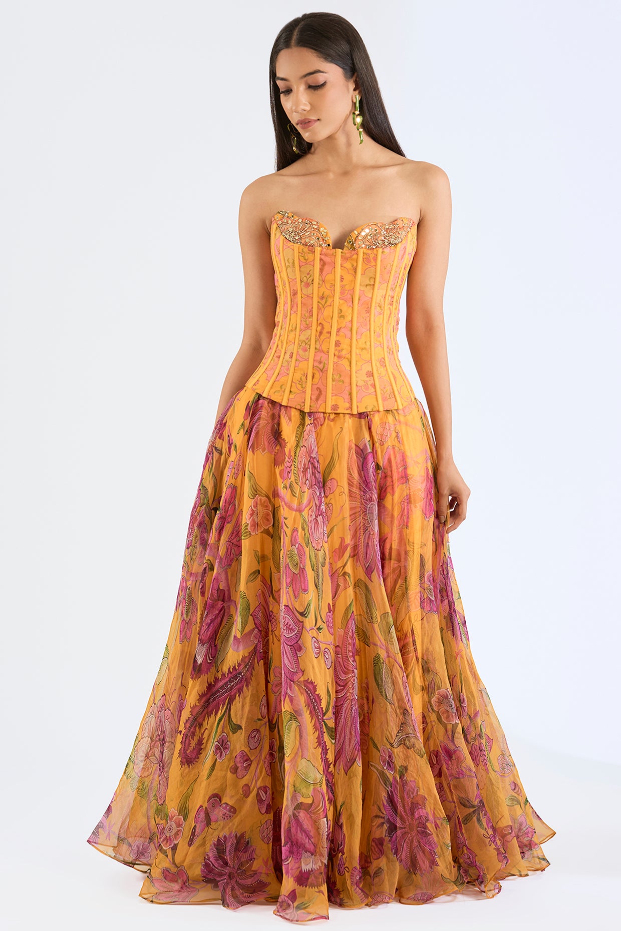 Rent Mahima Mahajan Mustard Yellow Organza Embroidered Corset Gown ...